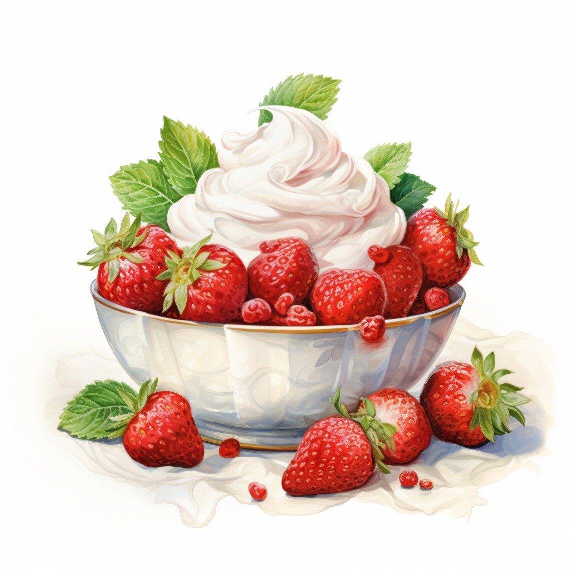 Watercolor Strawberries and Cream, Fruit, Digital Download, Card Making ...