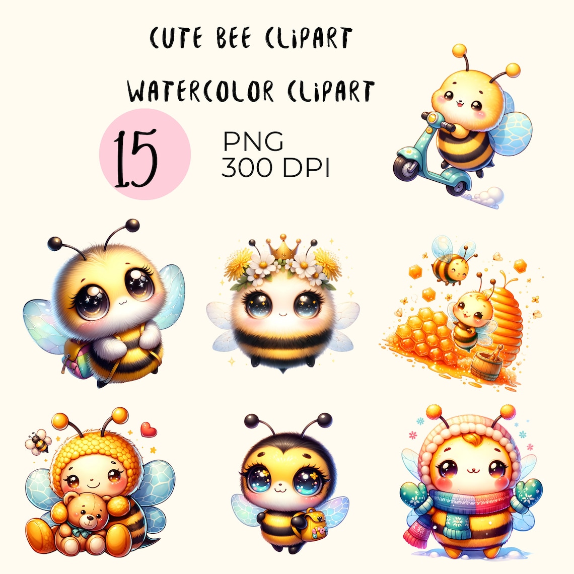 15 PNG Files : Cute Bee Clipart, Clipart Bundle, Gift for Kids, Kids ...