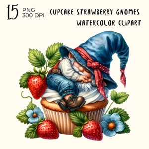 15 PNG Files : Cupcake Strawberry Gnomes, Summer Gnome, Watercolor ...