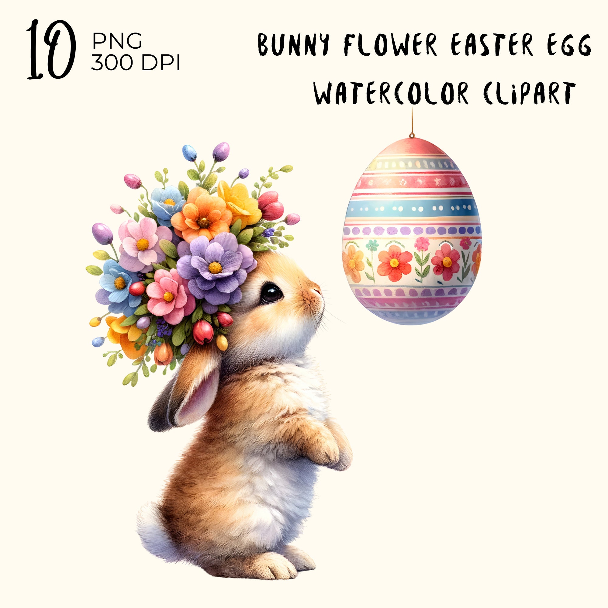 10 PNG Files : Bunny Flower Easter Egg Clipart, Watercolor Clipart Png ...