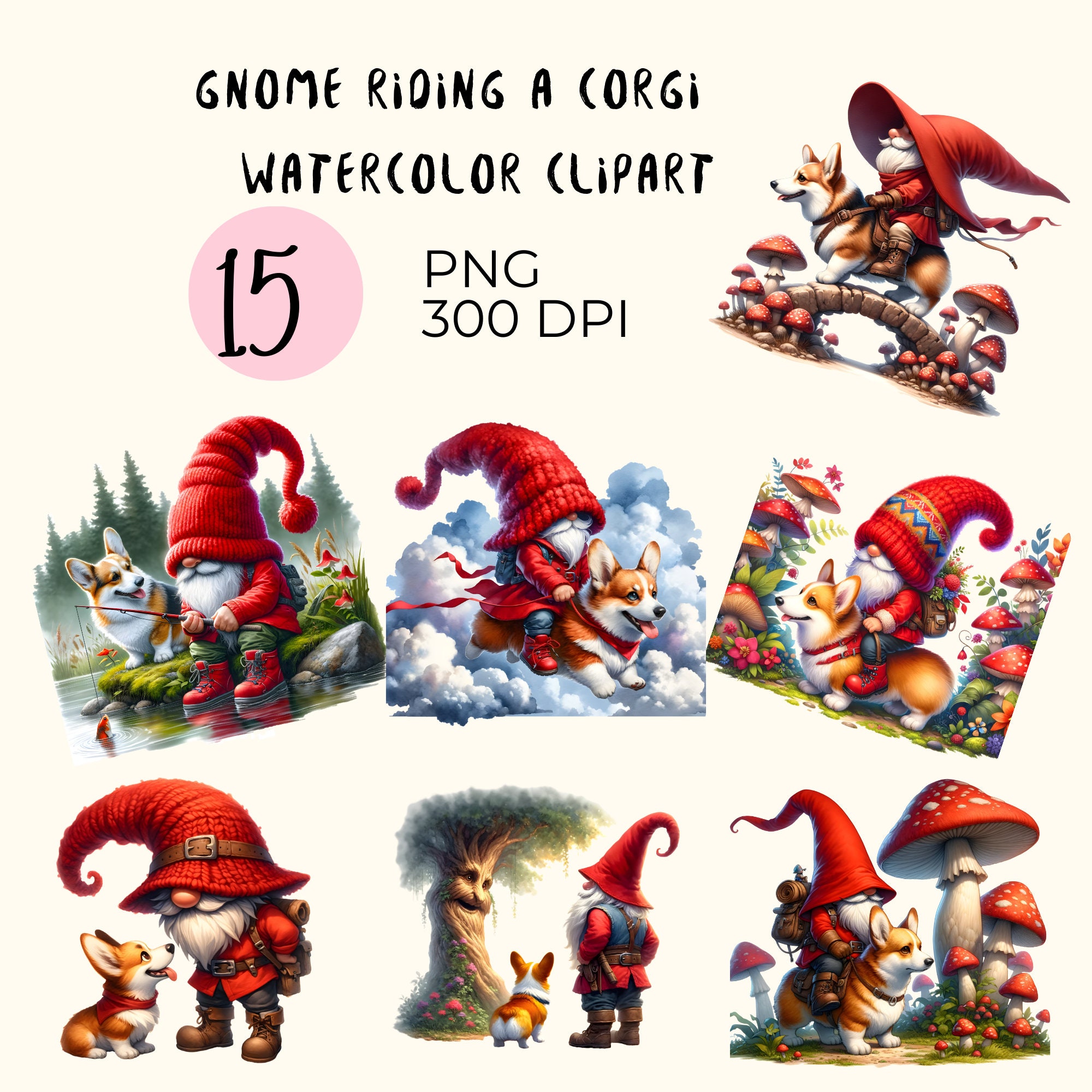 15 PNG Files : Gnome Riding a Corgi Clipart, Watercolor Gnome Clipart ...