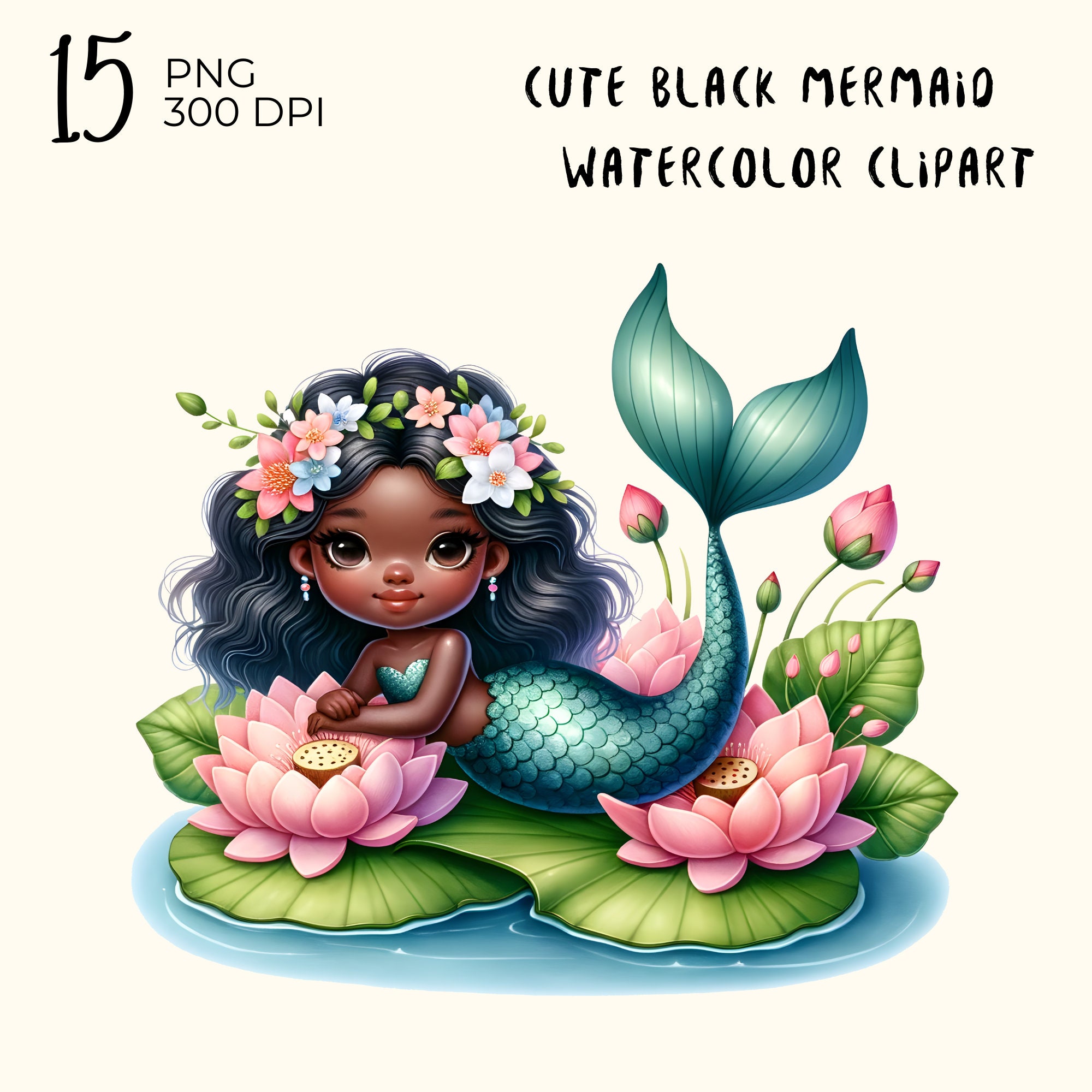 Watercolor Black Mermaid Clipart Bundle (15 PNG Files) - Etsy