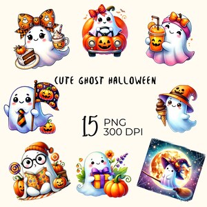 15 PNG : Cute Ghost Halloween, Watercolor Clipart Halloween Bundle ...