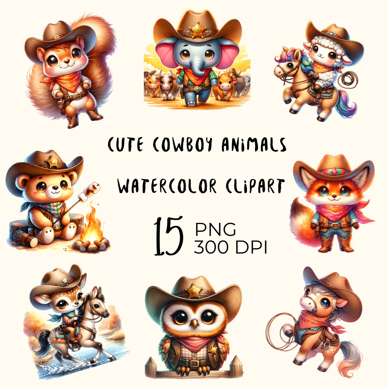 15 PNG Files : Cute Cowboy Animal, Animal Clipart , Watercolor Western ...