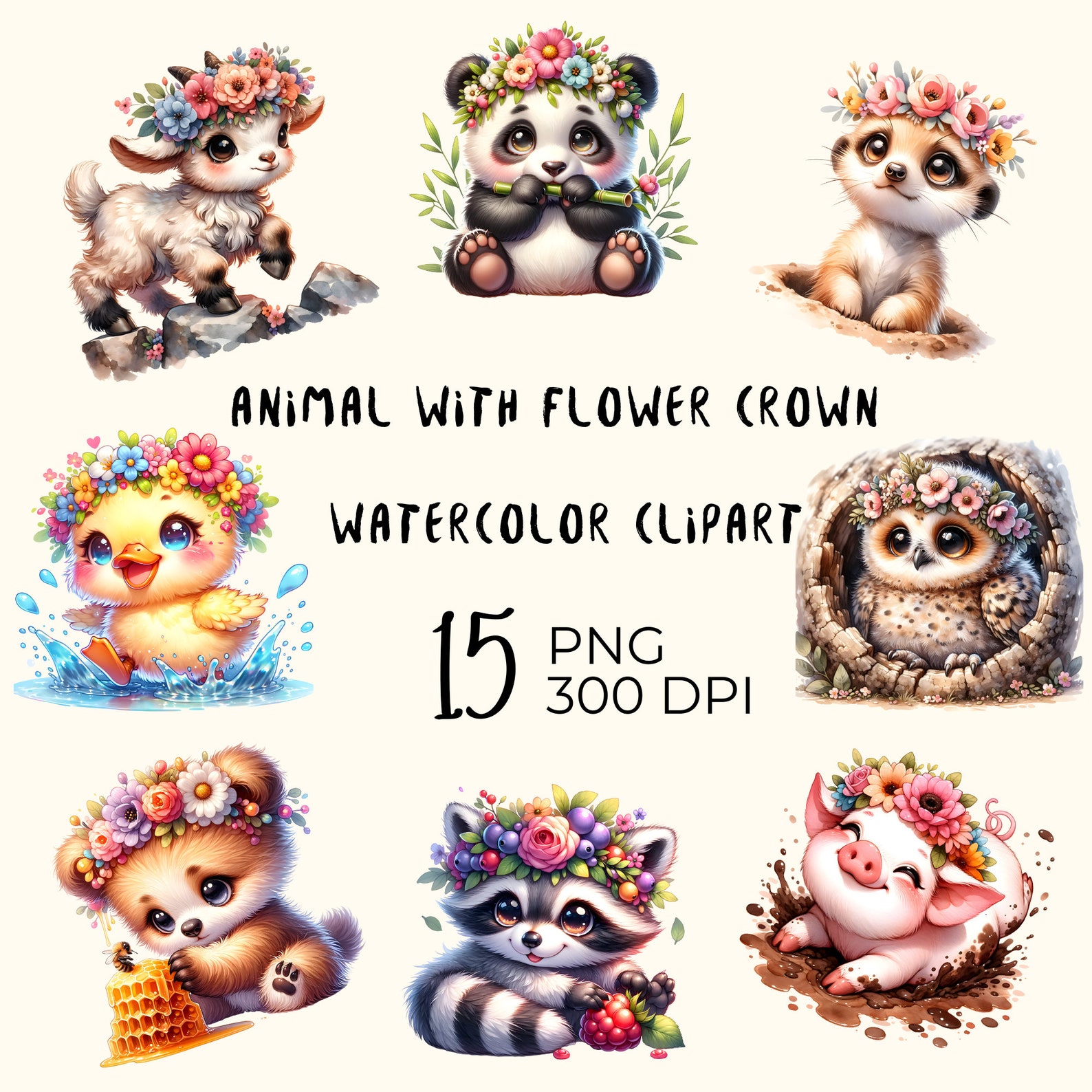 Animal Flower Crown Clipart: Watercolor PNG Files (digital Download) - Etsy
