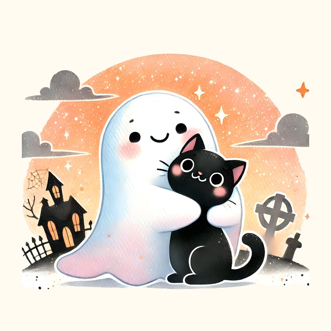 Little Ghost and Black Cat PNG, Cute Halloween Clipart, Spooky Black ...