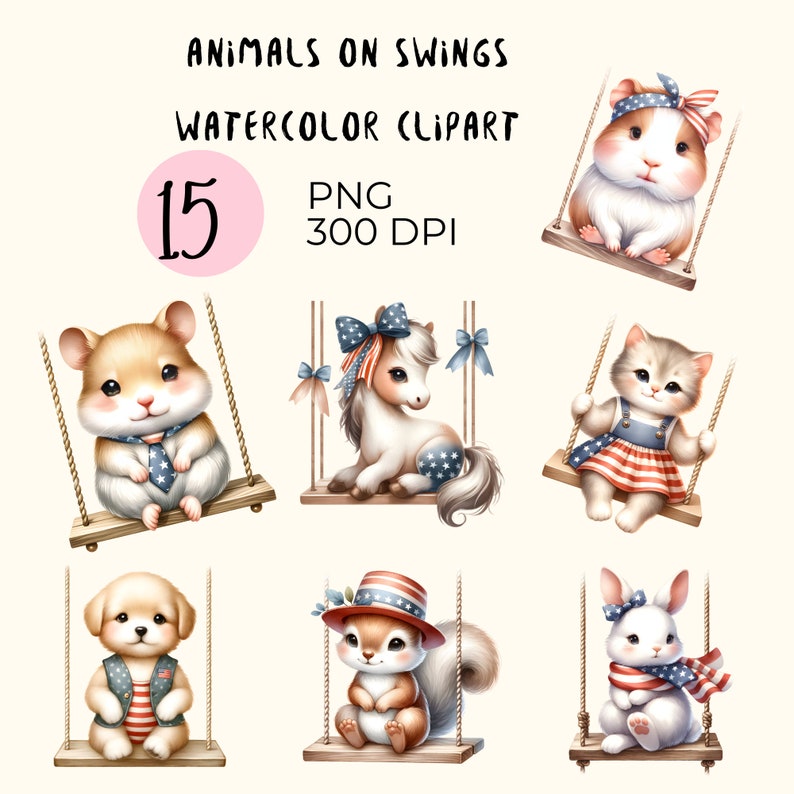 15 Png Files : Animals on Swings, Patriotic Animal, Watercolor 4th of ...