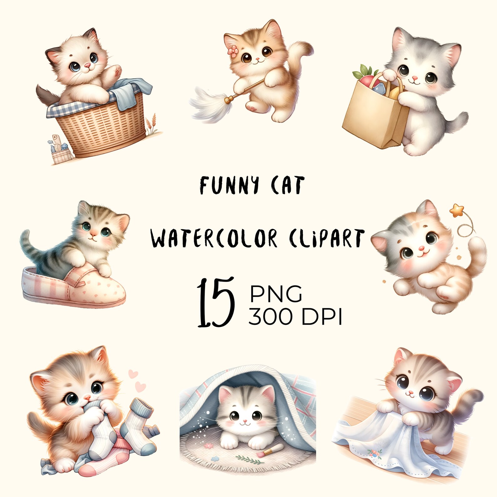 Funny Cat Watercolor Clipart, Cat Activity Clipart Png Bundle, Cute Cat ...
