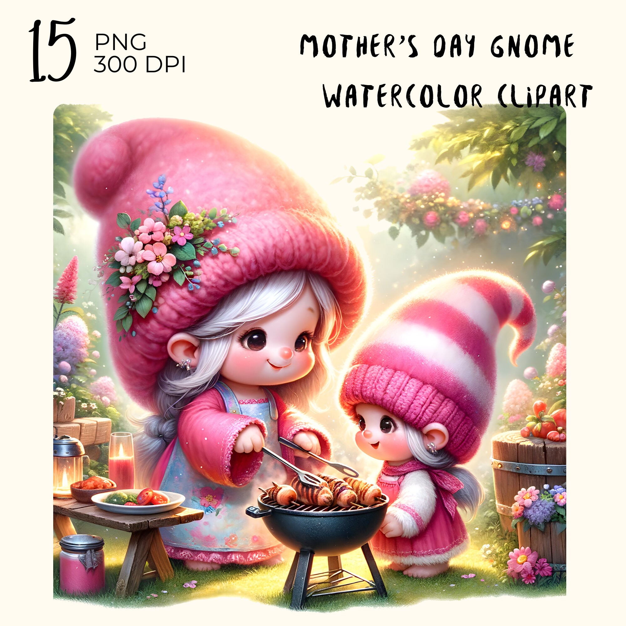 15 PNG Files : Mother's Day Gnome Clipart, Watercolor Gnome Clipart ...