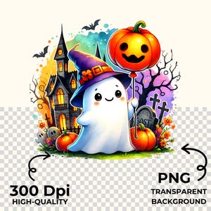 15 PNG : Cute Ghost Halloween, Watercolor Clipart Halloween Bundle ...