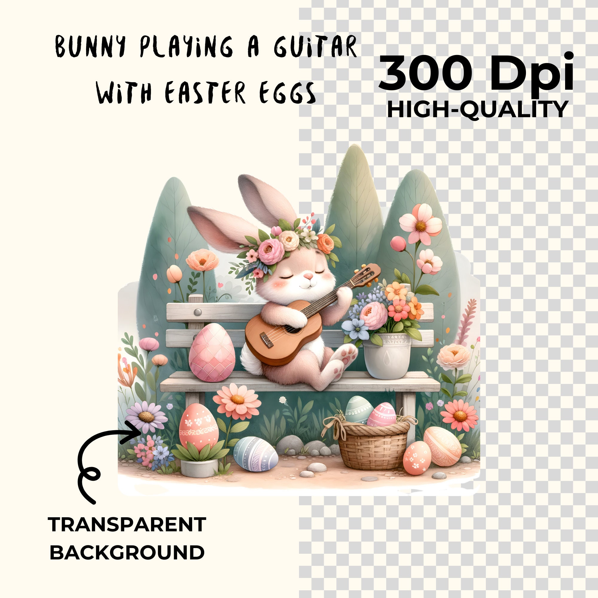 10 PNG Files : Bunny Playing a Guitar With Easter Eggs, Watercolor ...