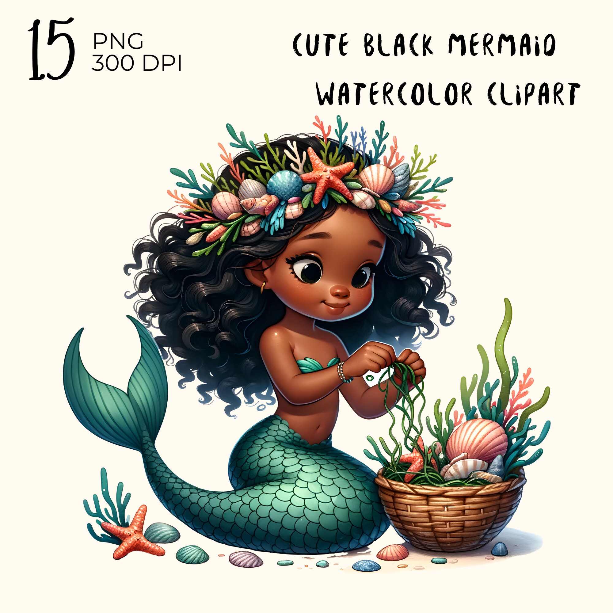Watercolor Black Mermaid Clipart Bundle (15 PNG Files) - Etsy