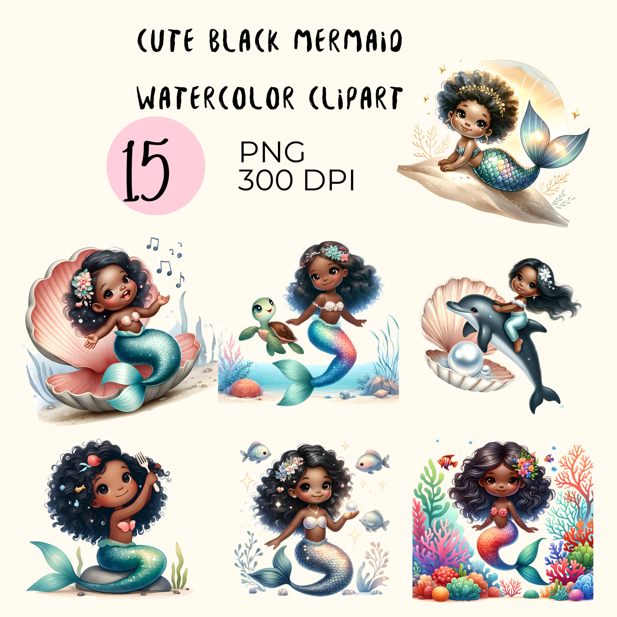 Watercolor Black Mermaid Clipart Bundle (15 PNG Files) - Etsy