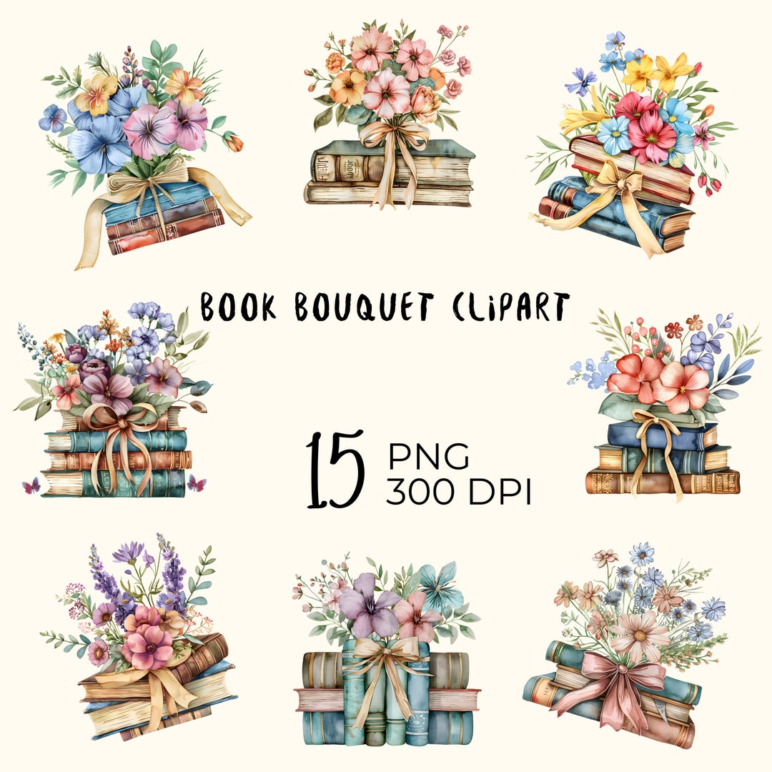 15 PNG Files : Book Bouquet Clipart With Flowers and Books Tied With a ...