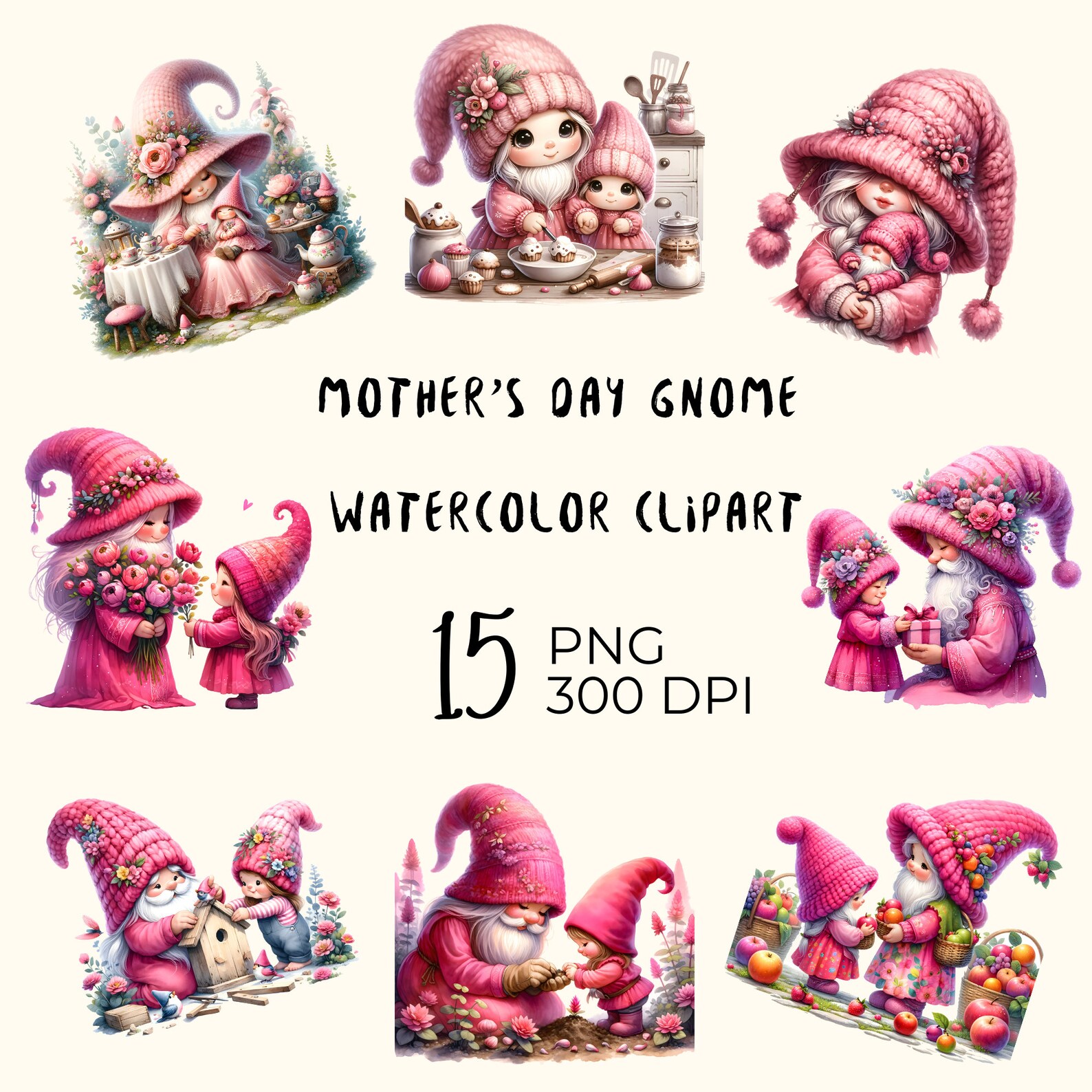 15 PNG Files : Mother's Day Gnome Clipart, Watercolor Gnome Clipart ...