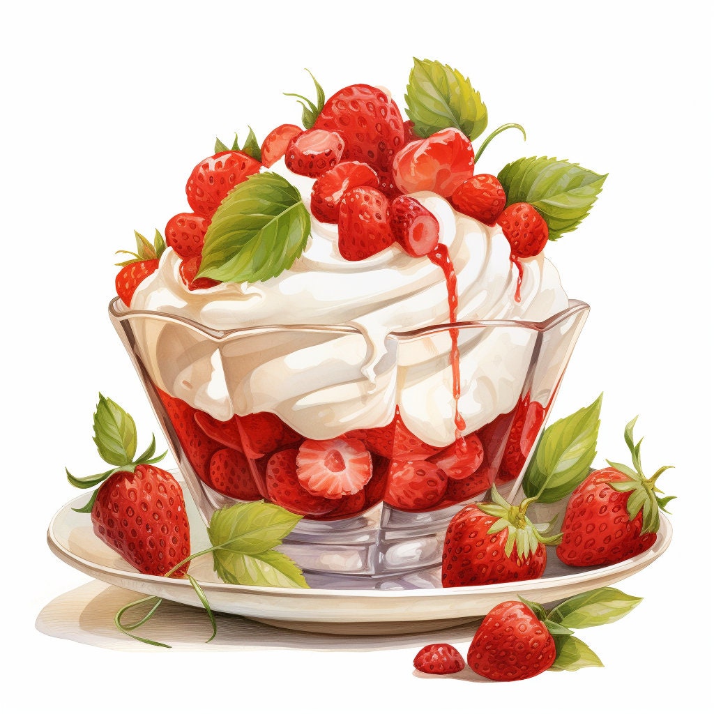 Watercolor Strawberries and Cream, Fruit, Digital Download, Card Making ...