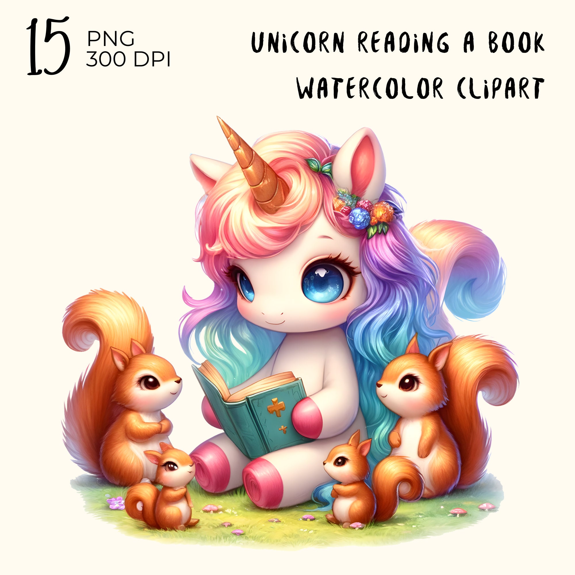 15 PNG Files : Unicorn Reading a Book, Unicorn Clipart, Cute Unicorn ...