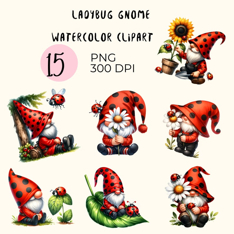 Ladybug Gnome Clipart: 15 PNG Files for Card Making (digital Download ...