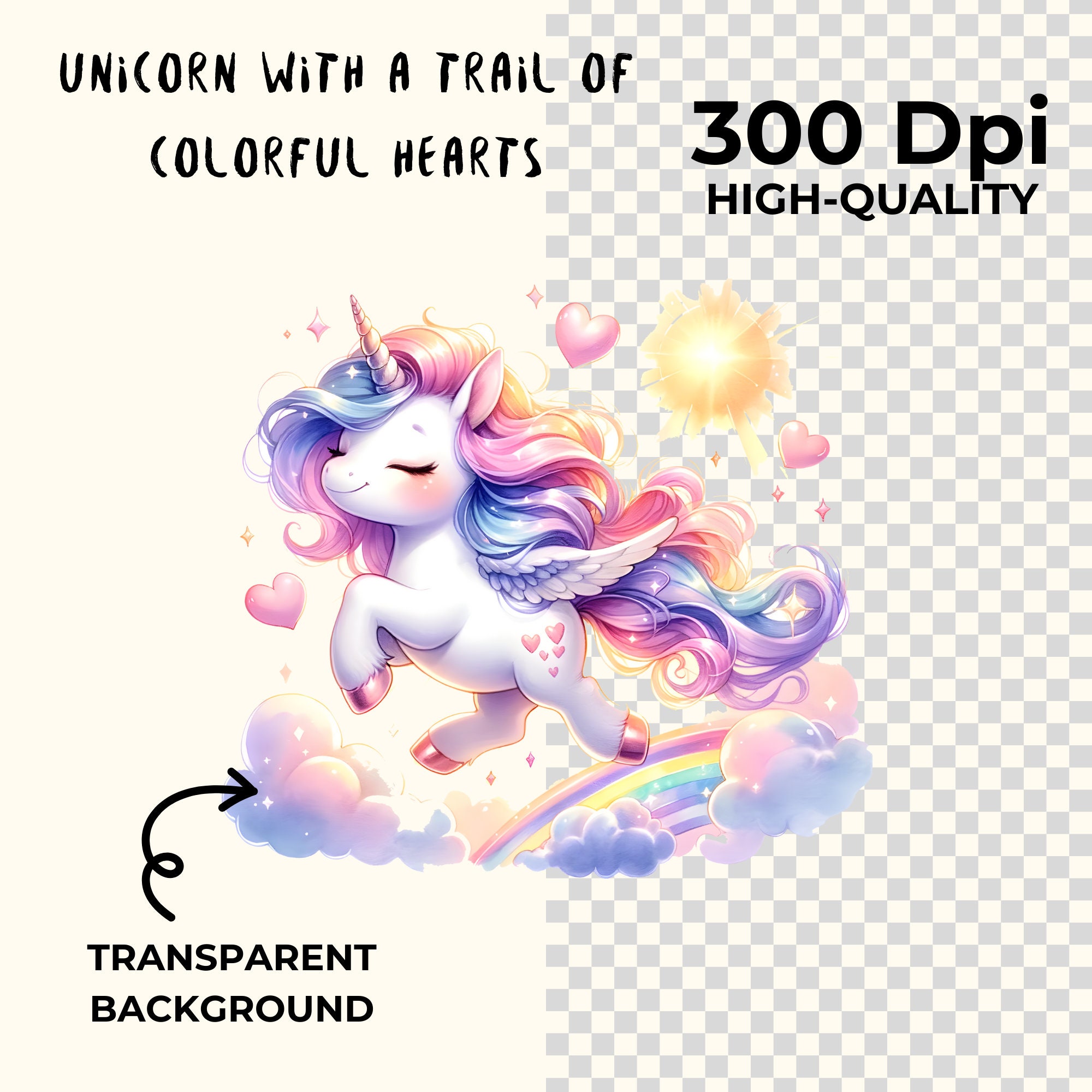 Watercolor Unicorn Clipart: Colorful Hearts Trail (PNG Digital Download ...