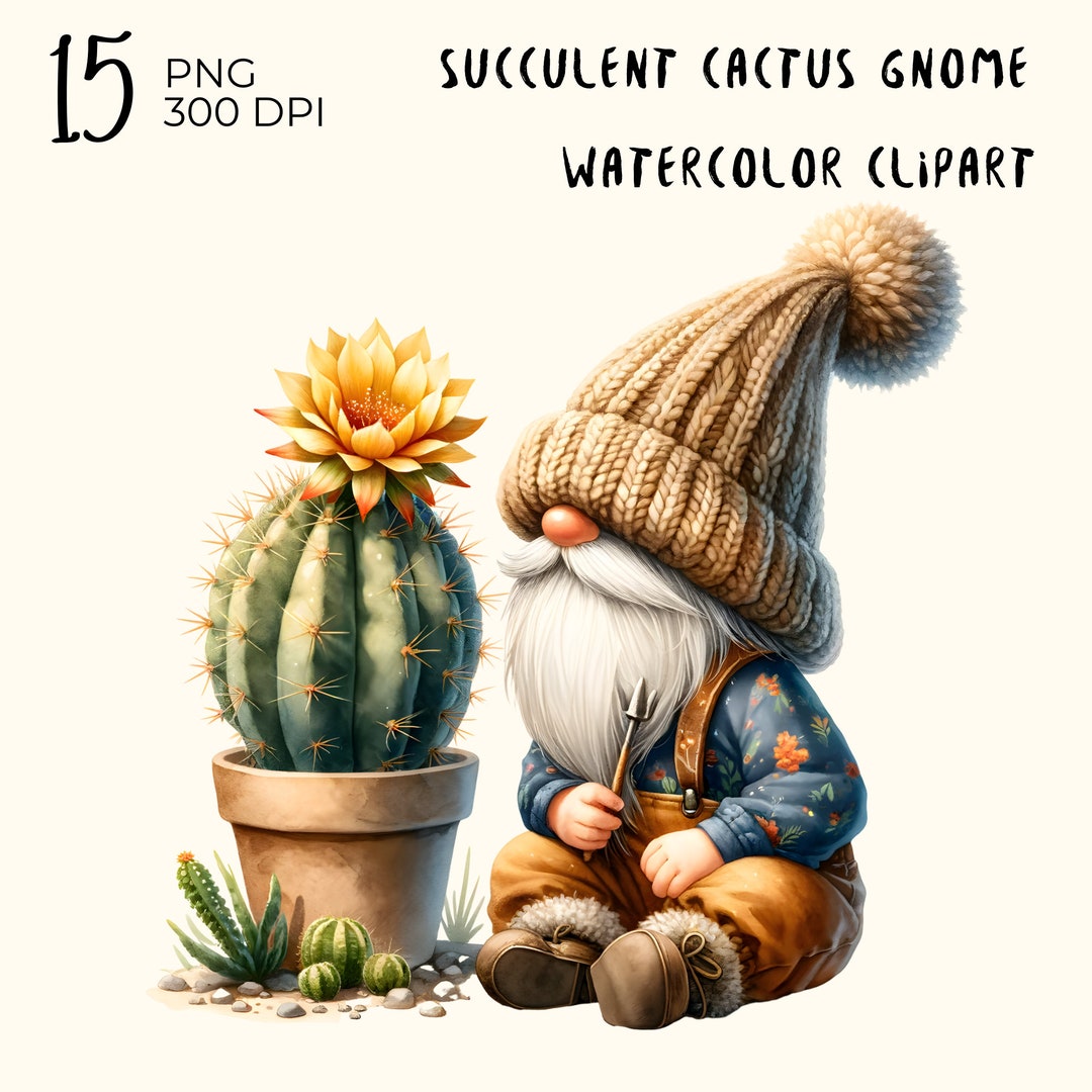 Watercolor Cactus Gnome PNG Clipart: Summer Garden Art (digital ...