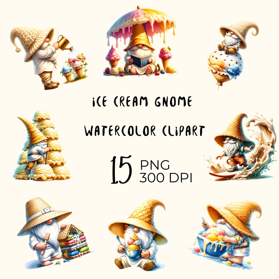 15 PNG Files : Ice Cream Gnome Clipart, Watercolor Gnome Png ...