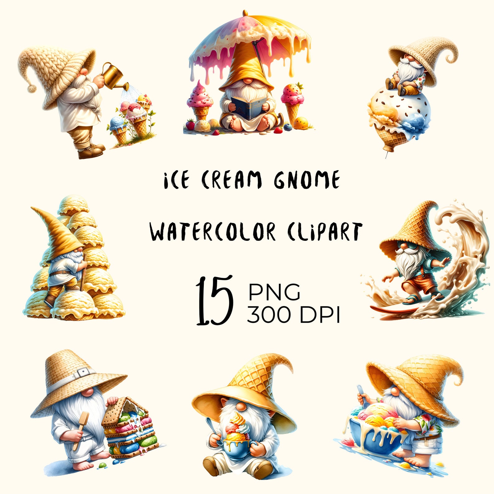15 PNG Files : Ice Cream Gnome Clipart, Watercolor Gnome Png ...