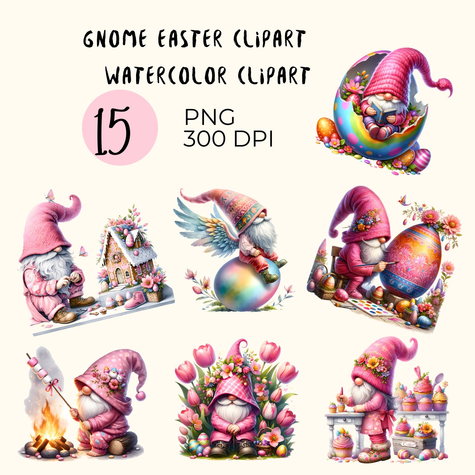 15 PNG Files : Gnome Easter Clipart, Watercolor Pink Gnome Clipart ...
