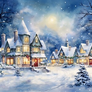Watercolor Christmas Holiday Village, Digital Download, Card Making ...