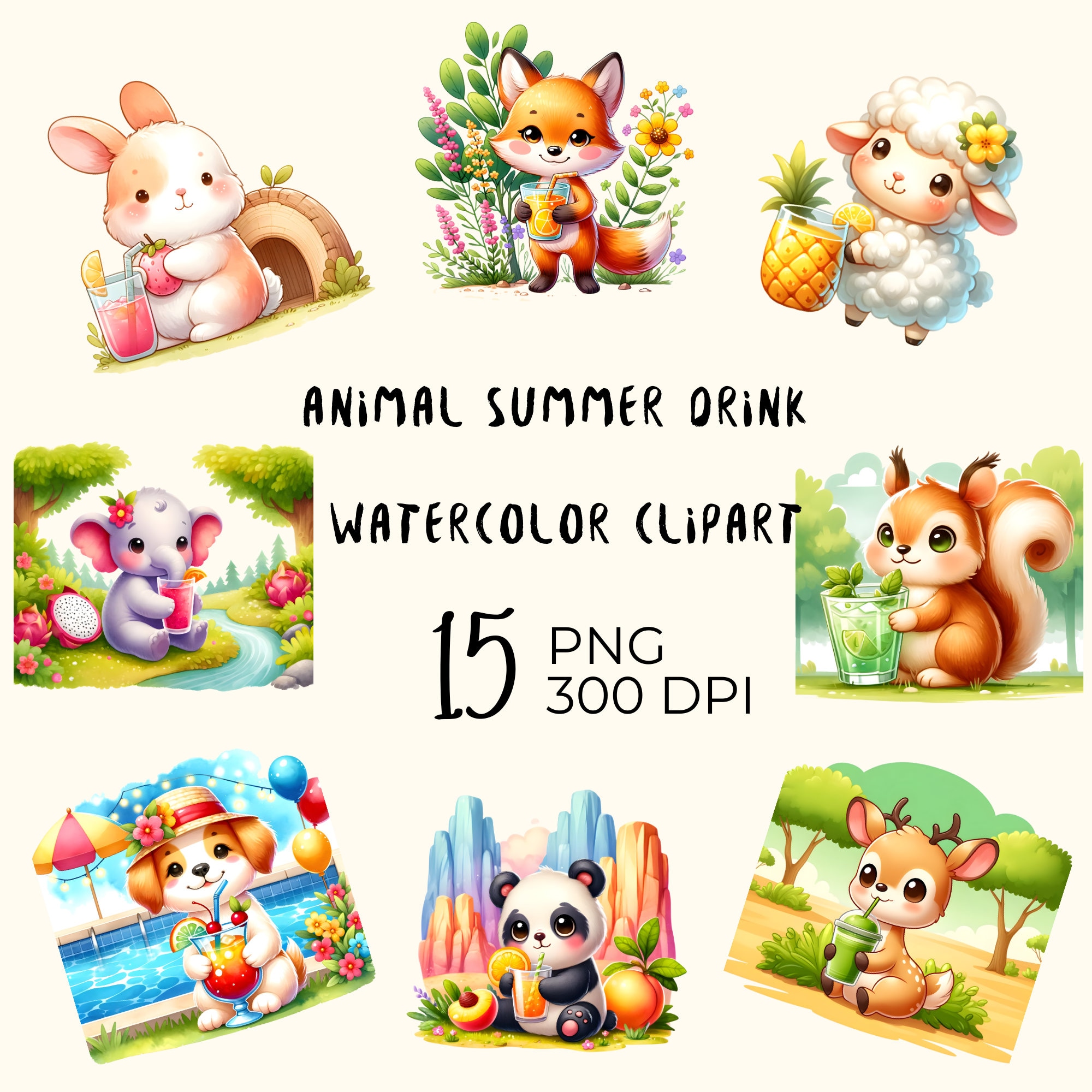 15 PNG Files : Animal Summer Drink, Watercolor Cute Animal, Watercolor ...