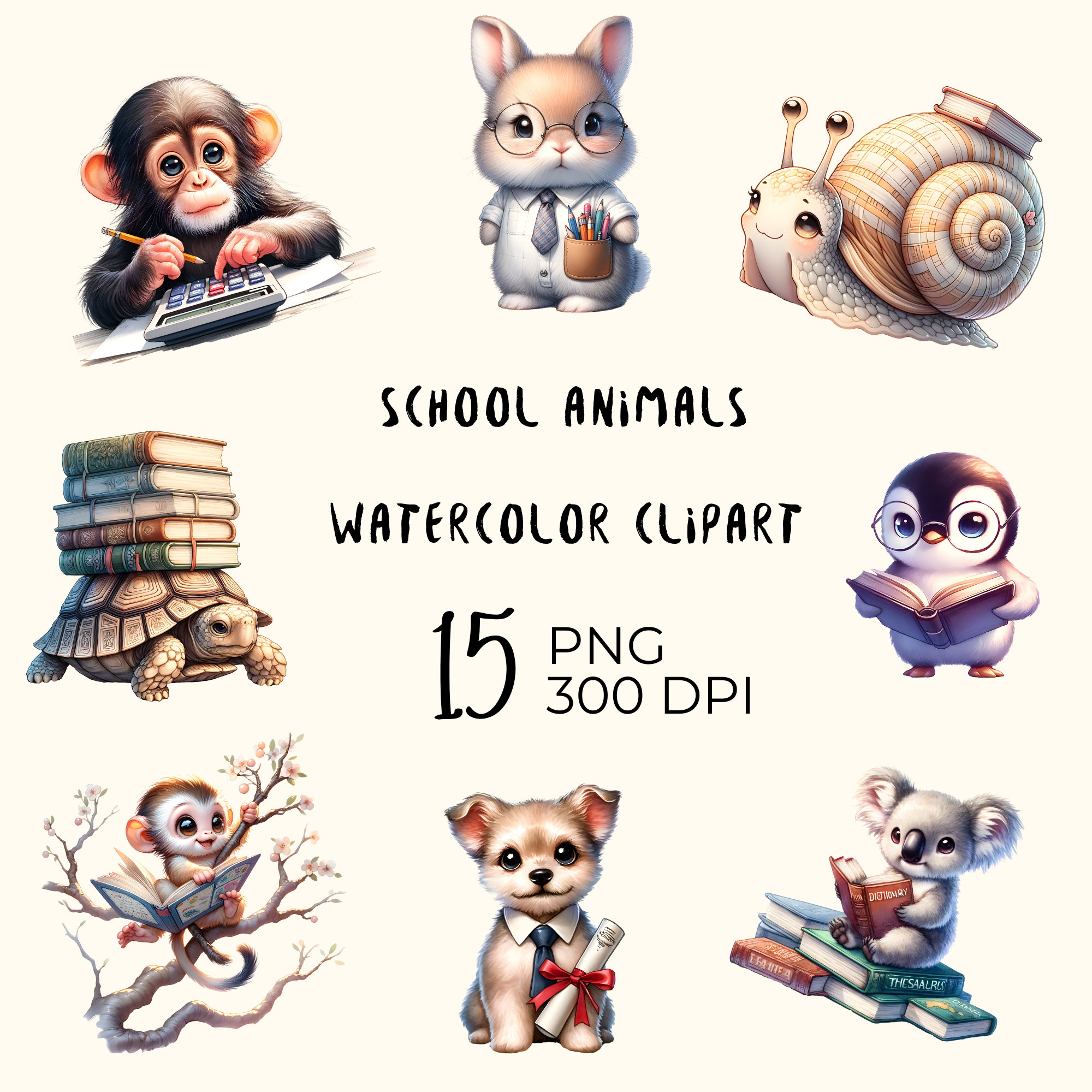 Watercolor School Animals Clipart: 15 PNG Files (300 DPI) - Etsy