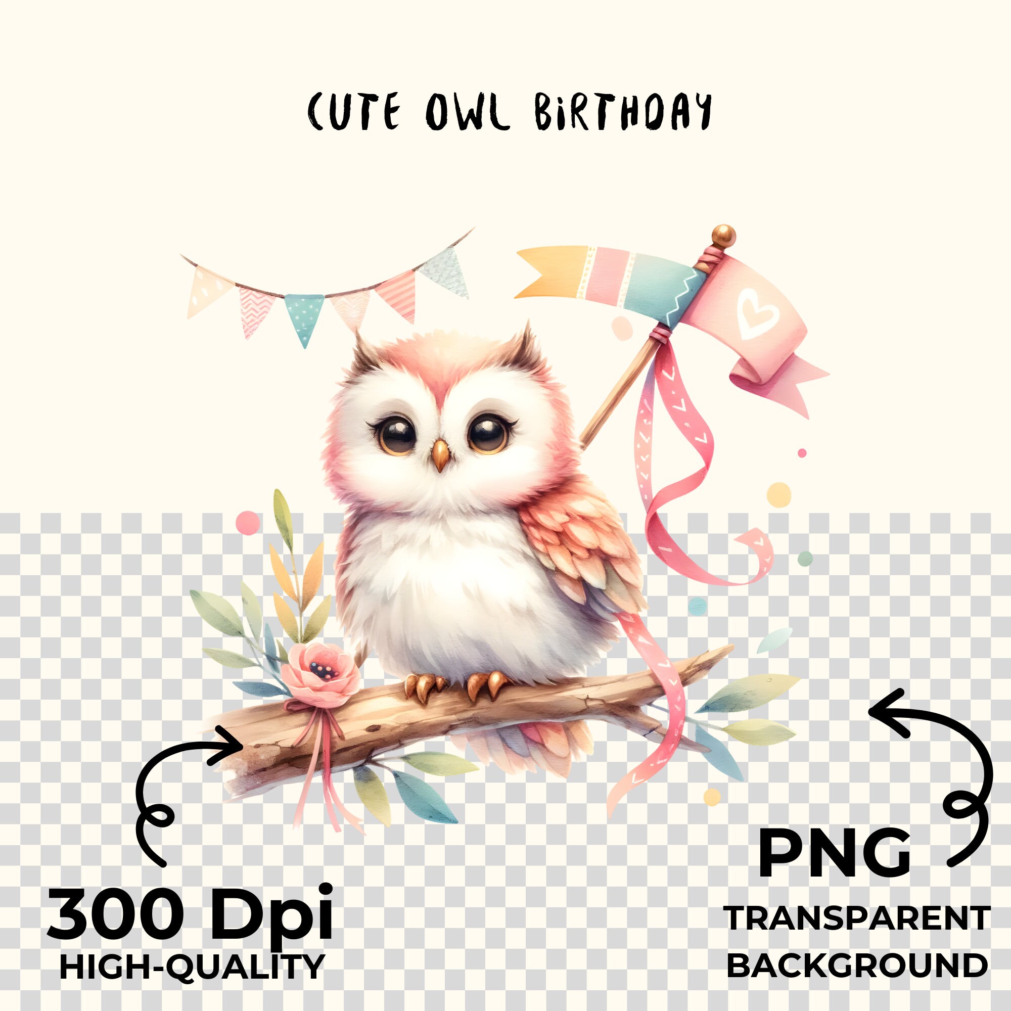 15 PNG Files : Cute Owl With a Birthday Banner, Watercolor Cute Owl ...