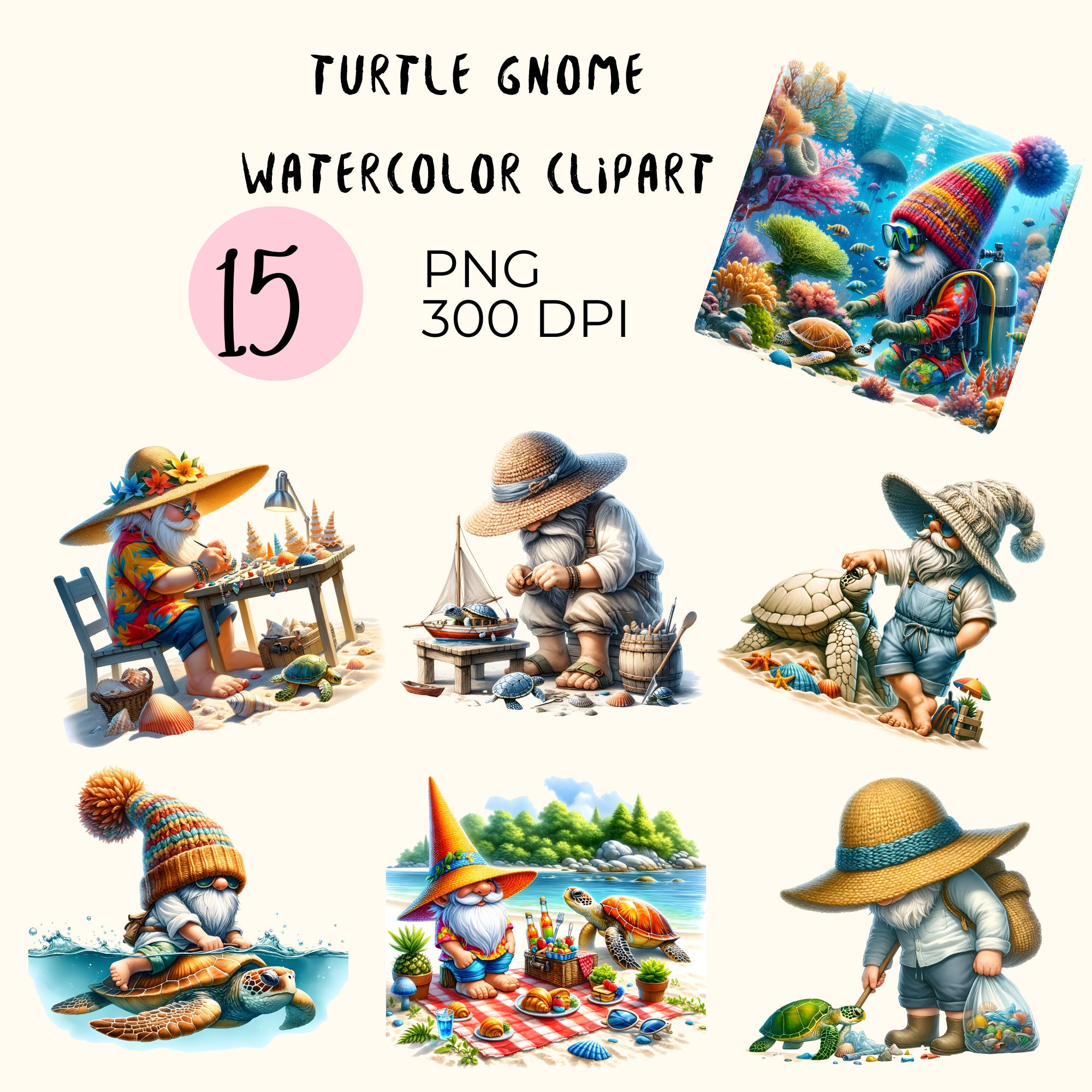 Turtle Gnome Watercolor PNG Clipart: Summer Gnomes (digital Download ...