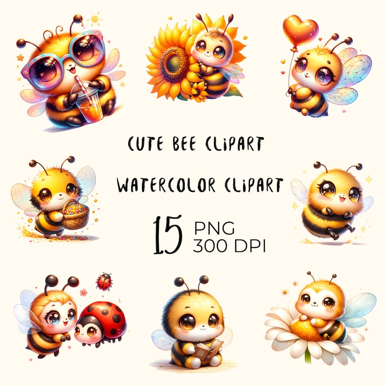 15 PNG Files : Cute Bee Clipart, Clipart Bundle, Gift for Kids, Kids ...