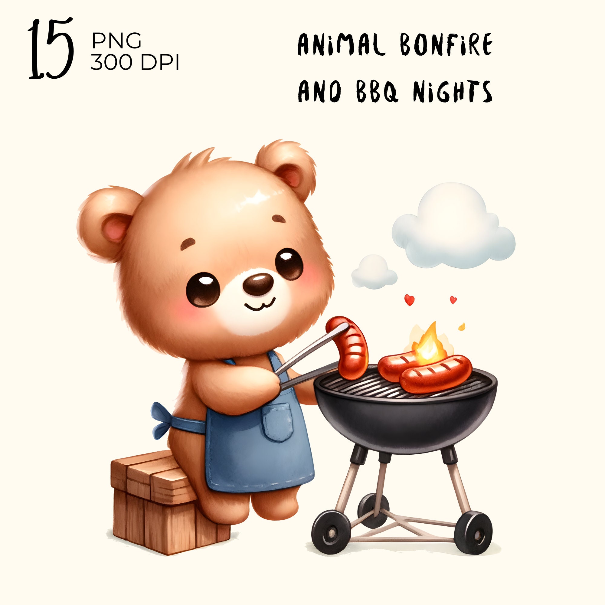 15 PNG Files : Animal Bonfire and BBQ Nights, Watercolor Cute Animal ...