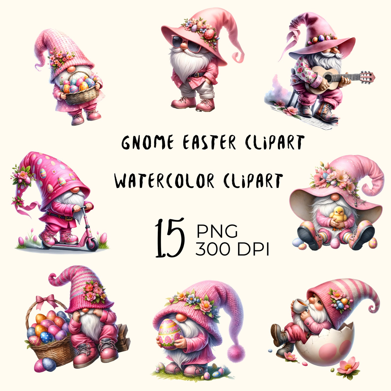 15 PNG Files : Gnome Easter Clipart, Watercolor Pink Gnome Clipart ...
