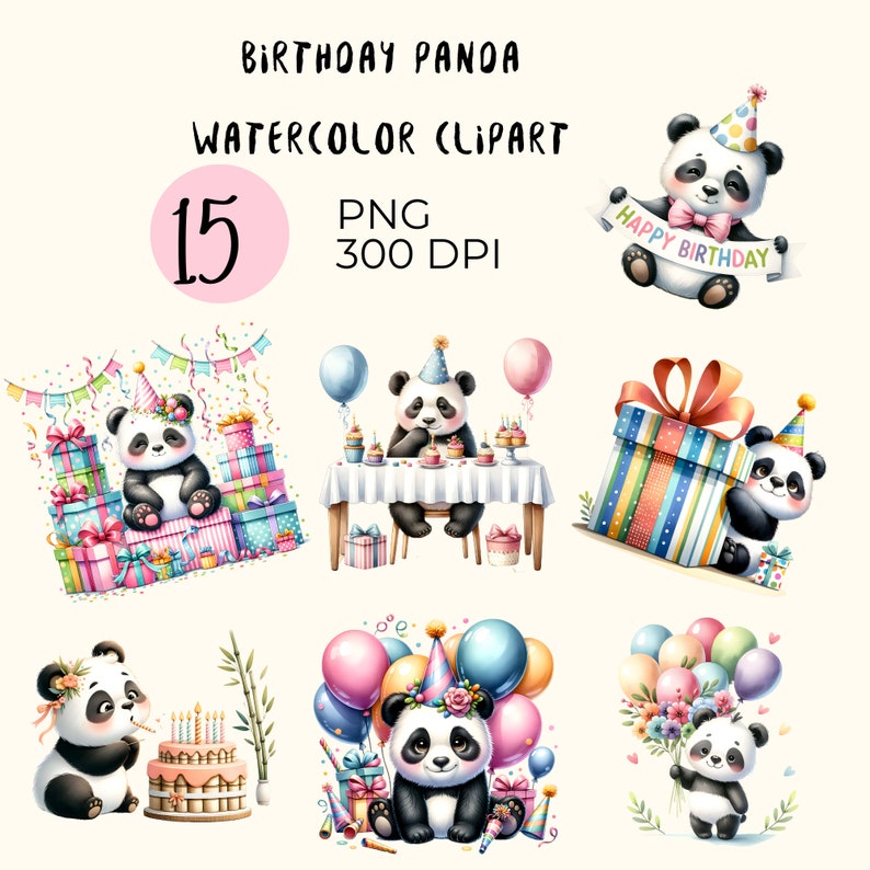 15 PNG Files : Birthday Panda With a Party Hat, Watercolor Panda, Panda ...