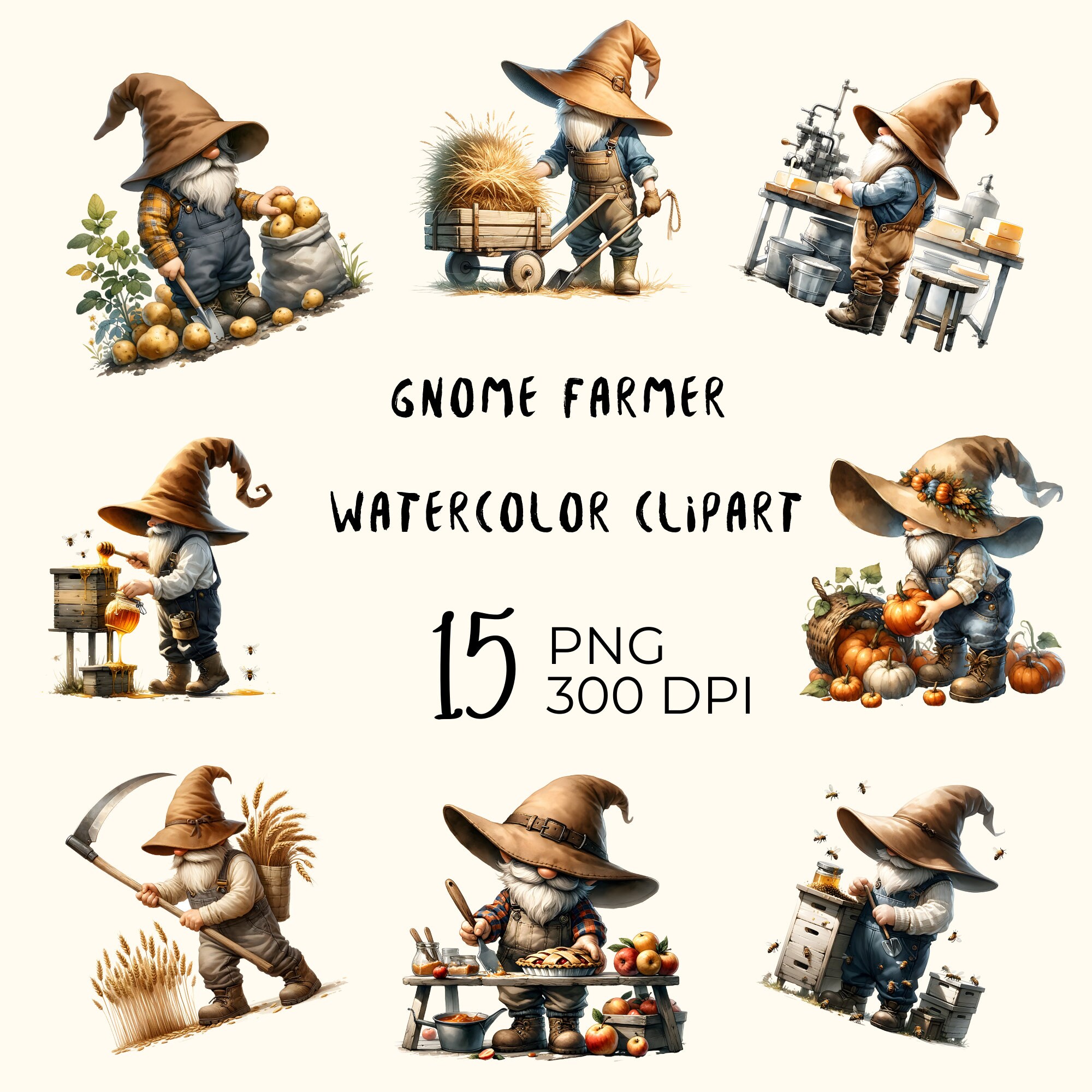 15 PNG Files : Gnome Farmer Clipart, Watercolor Gnome Png, Watercolor ...