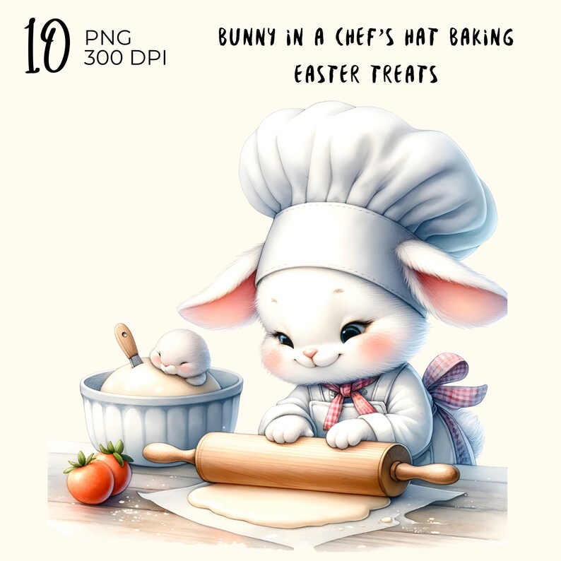 10 PNG Files : Bunny in a Chef's Hat Baking Easter Treats, Watercolor ...