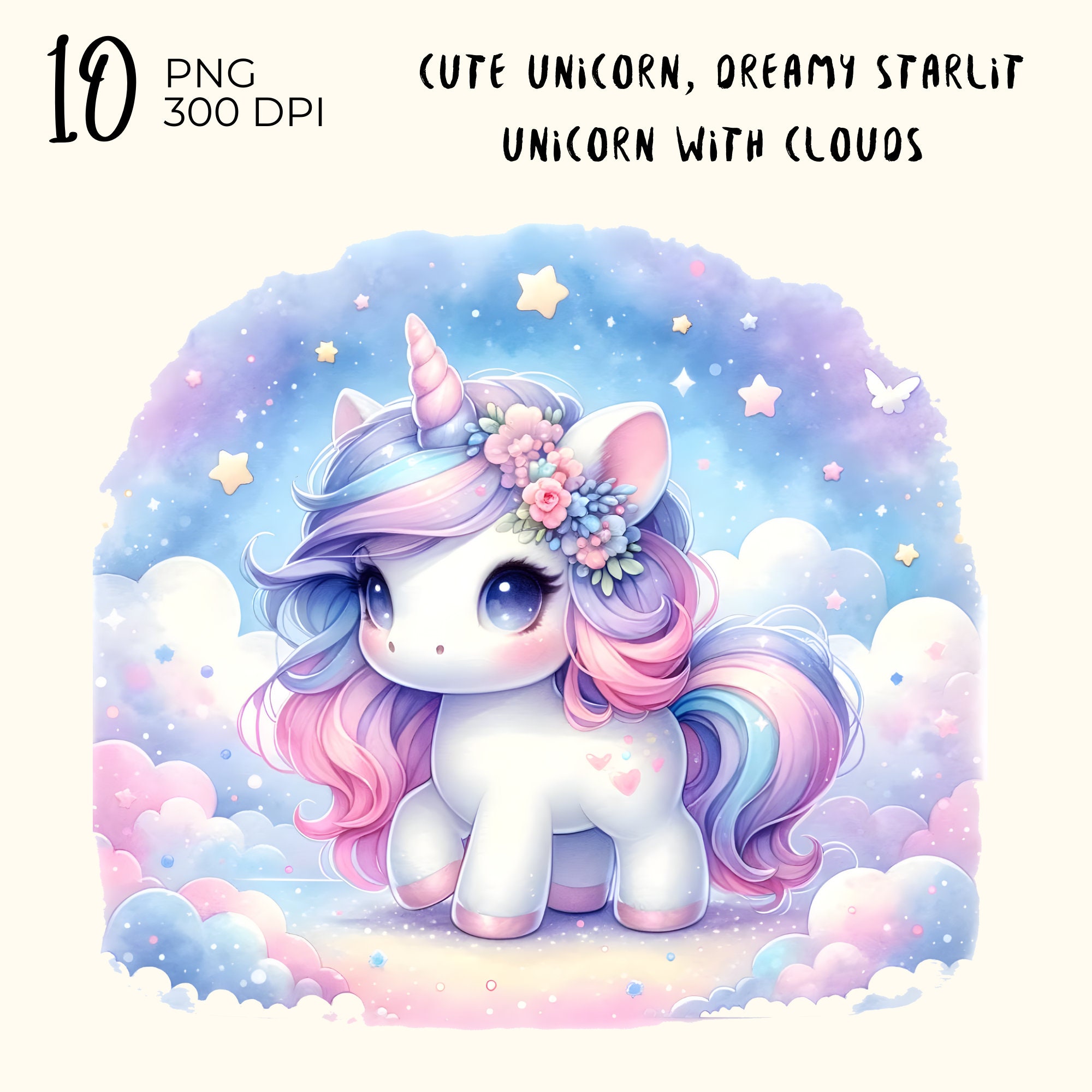 10 PNG Files : Cute Unicorn, Dreamy Starlit Unicorn With Clouds ...