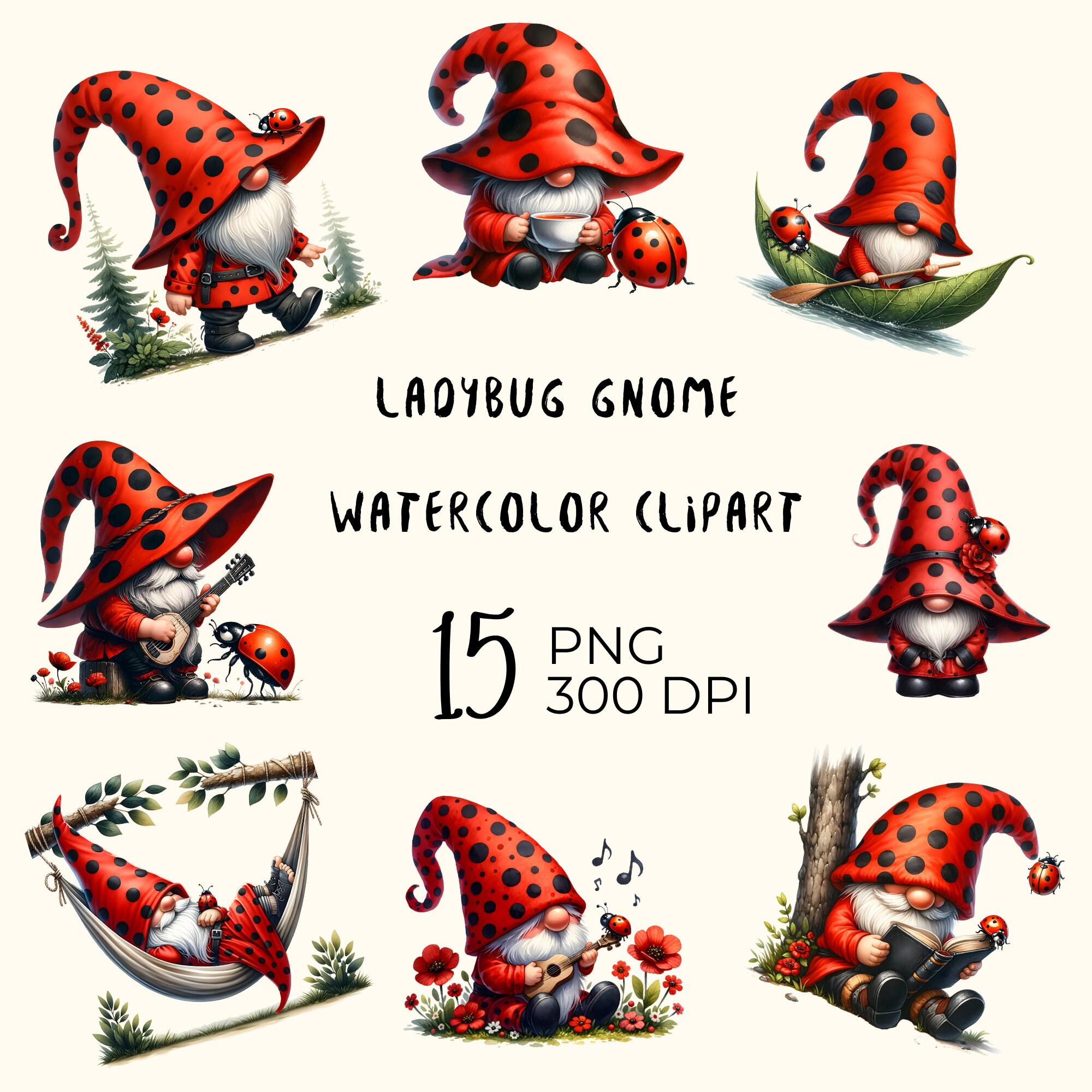 Ladybug Gnome Clipart: 15 PNG Files for Card Making (digital Download ...