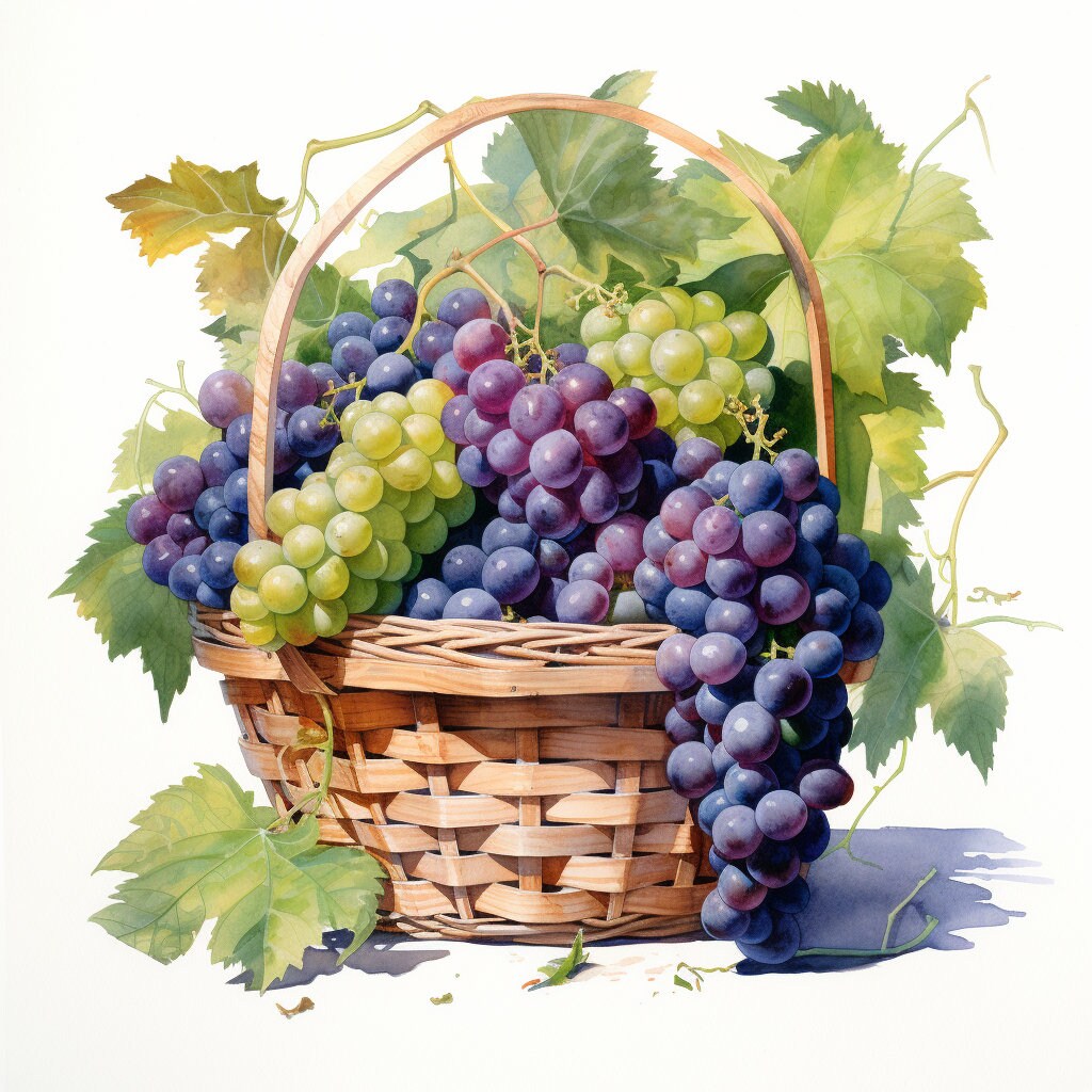 Watercolor Grapes in a Basket, Fruit, Digital Download, Card Making ...