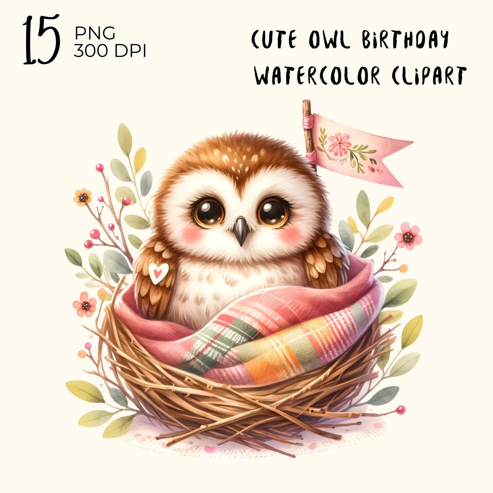 15 PNG Files : Cute Owl With a Birthday Banner, Watercolor Cute Owl ...