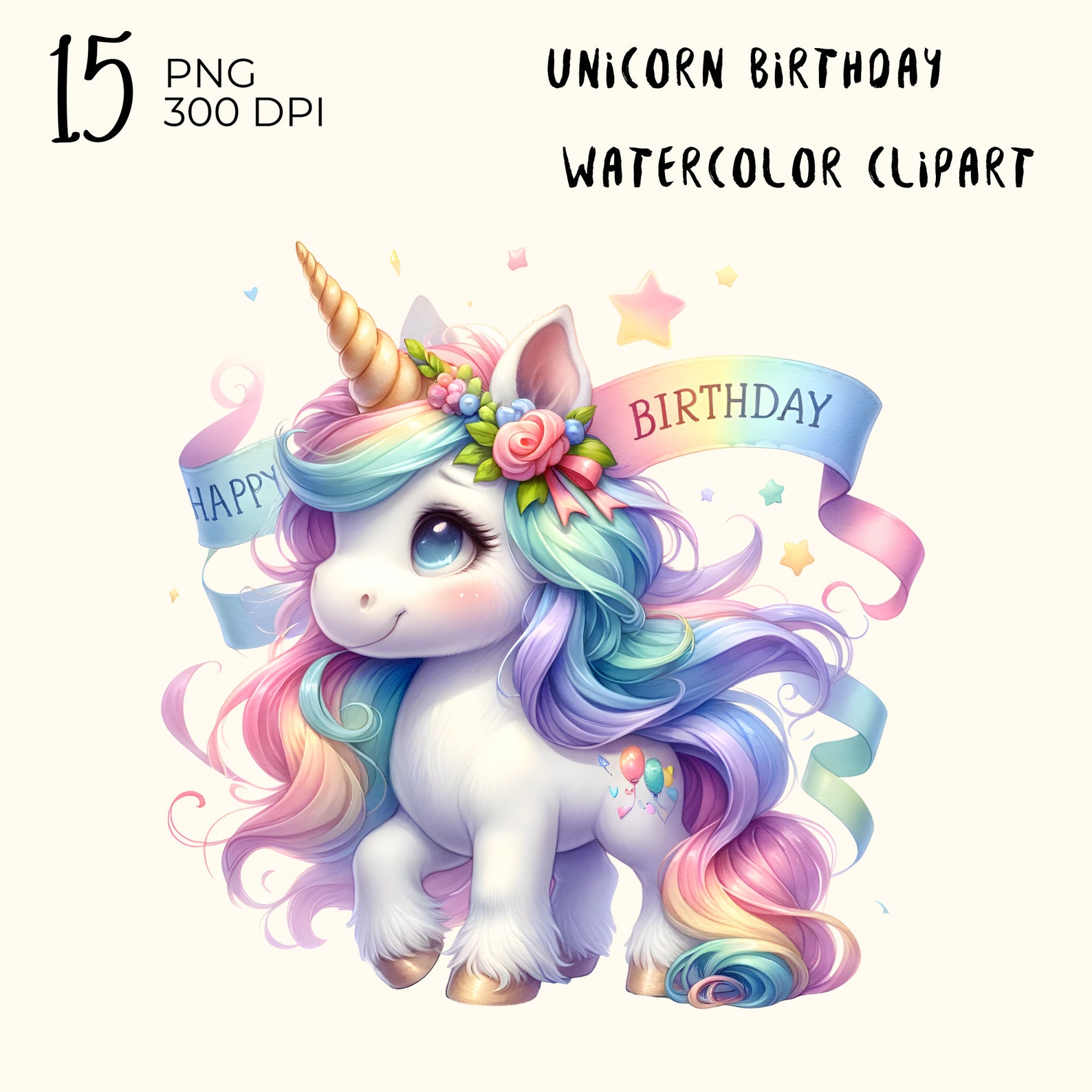 15 PNG Files : Unicorn Birthday Clipart, Cute Unicorn, Kawaii Unicorn ...