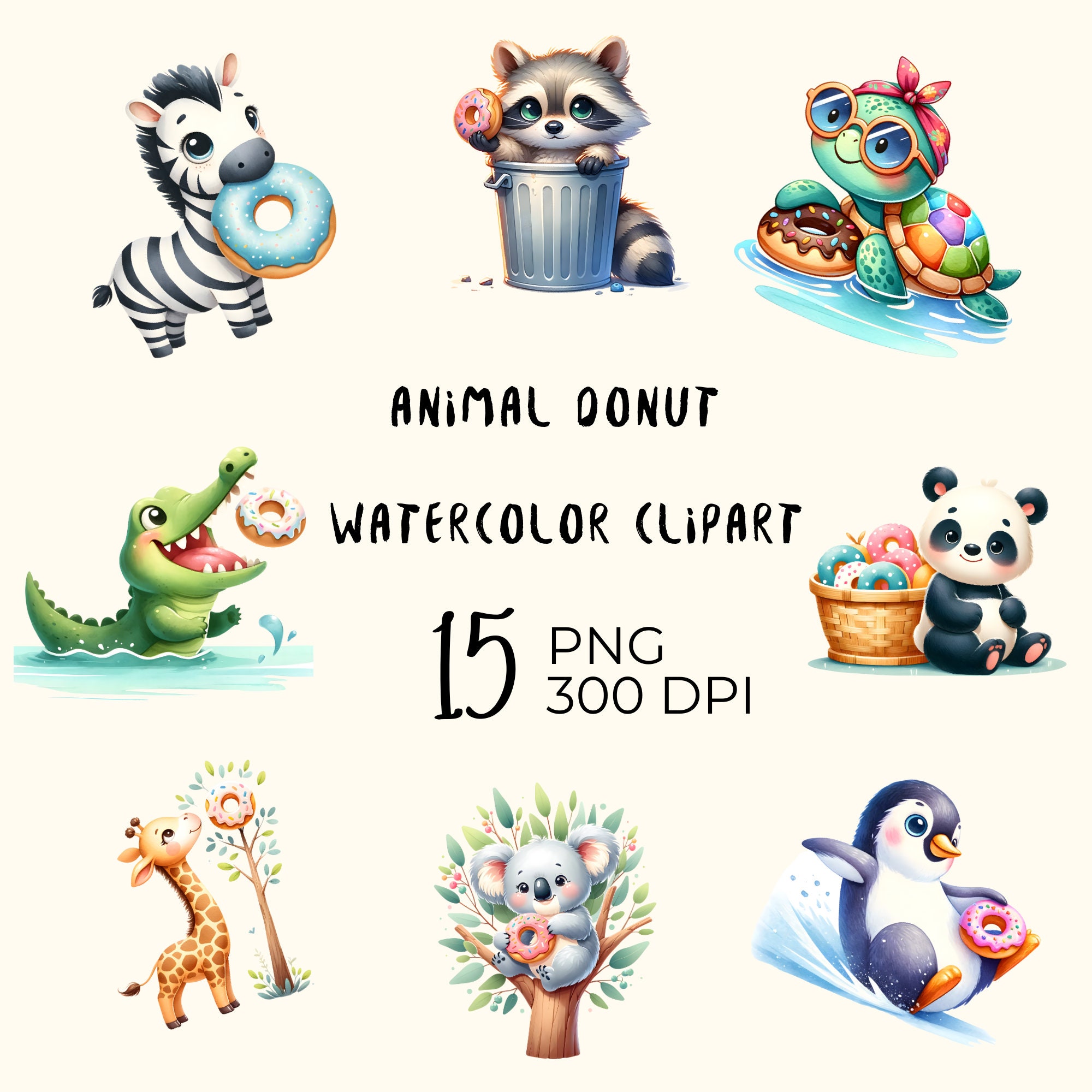 15 PNG Files : Animal Donut, Watercolor Animal Clipart, Watercolor Png ...
