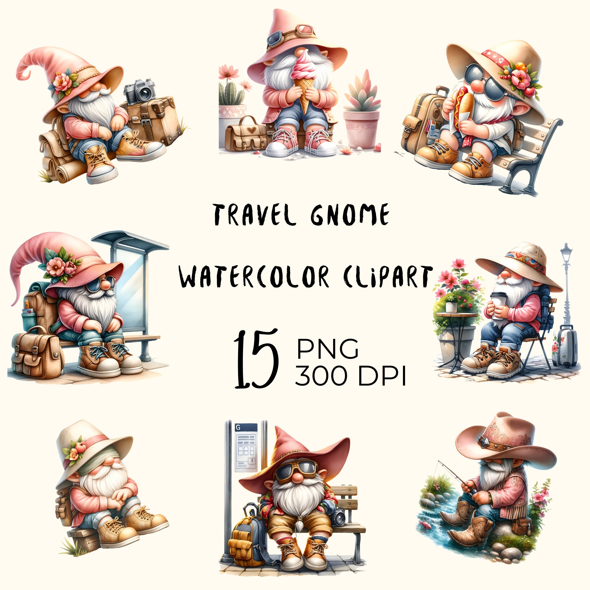 15 PNG Files : Travel Gnome, Tourist Gnome, Summer Gnome, Watercolor ...
