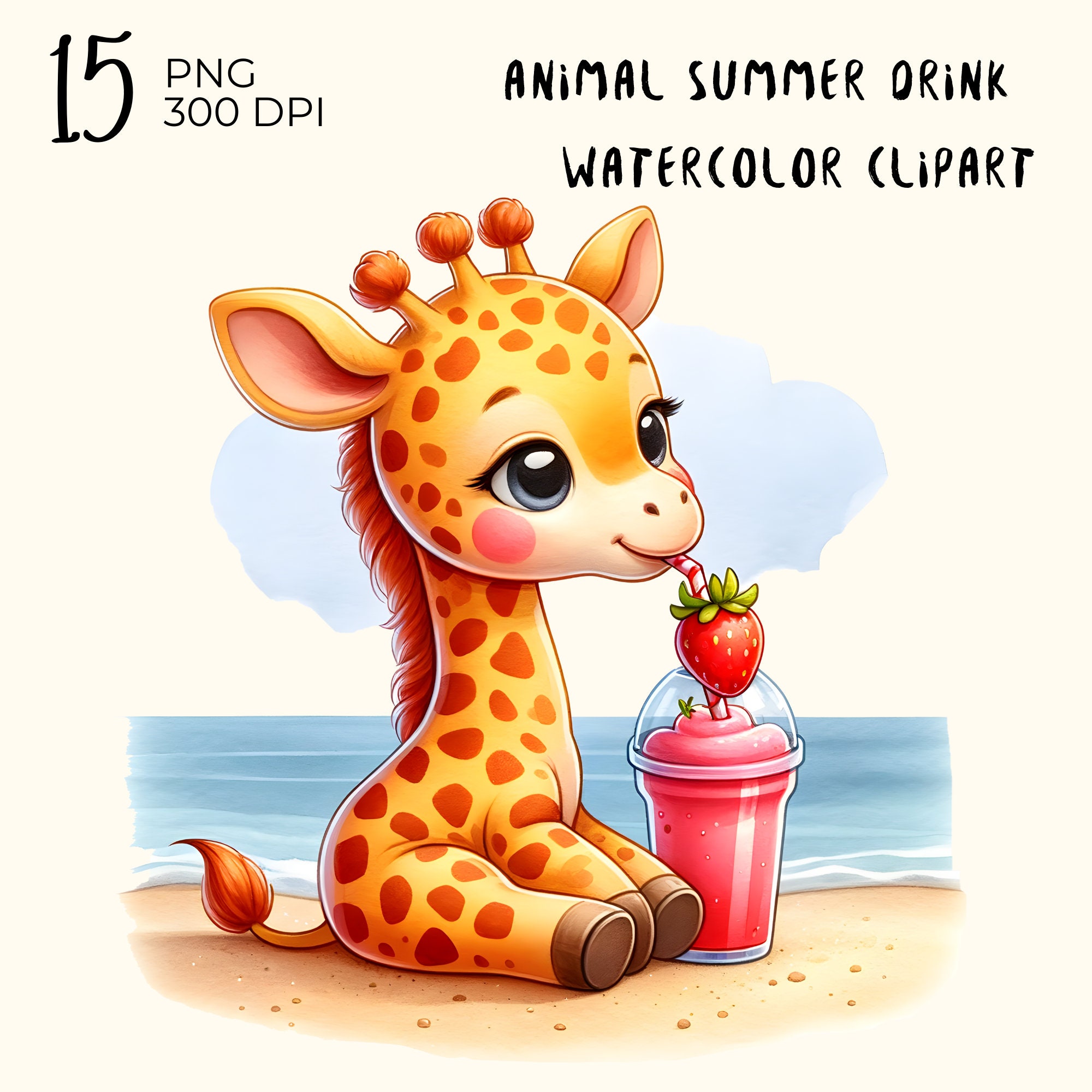 15 PNG Files : Animal Summer Drink, Watercolor Cute Animal, Watercolor ...