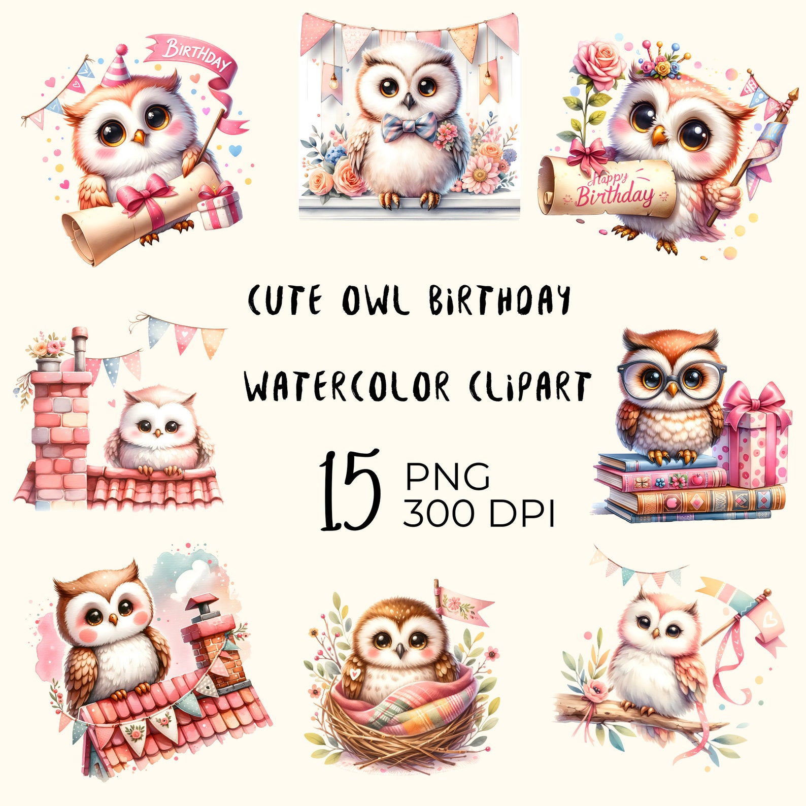 15 PNG Files : Cute Owl With a Birthday Banner, Watercolor Cute Owl ...