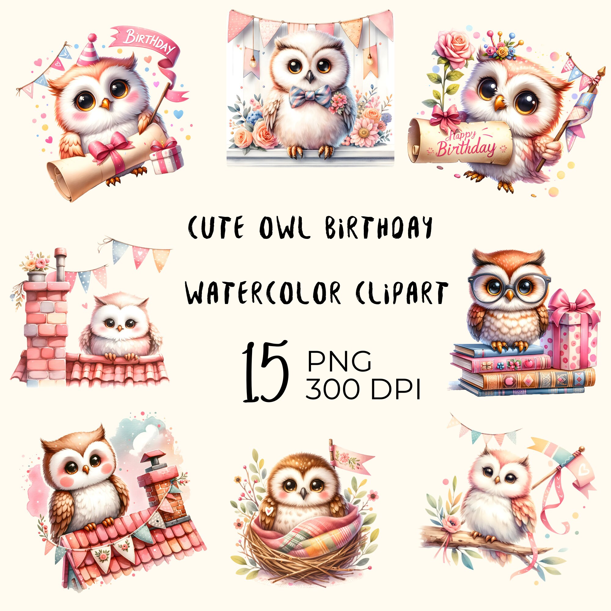 15 PNG Files : Cute Owl With a Birthday Banner, Watercolor Cute Owl ...