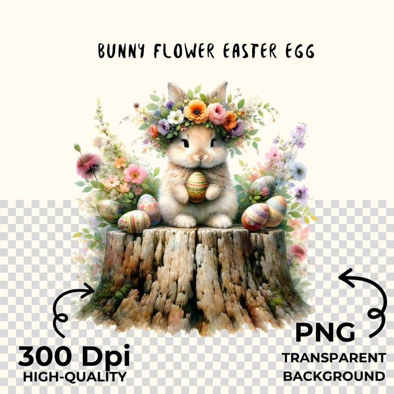 10 PNG Files : Bunny Flower Easter Egg Clipart, Watercolor Clipart Png ...