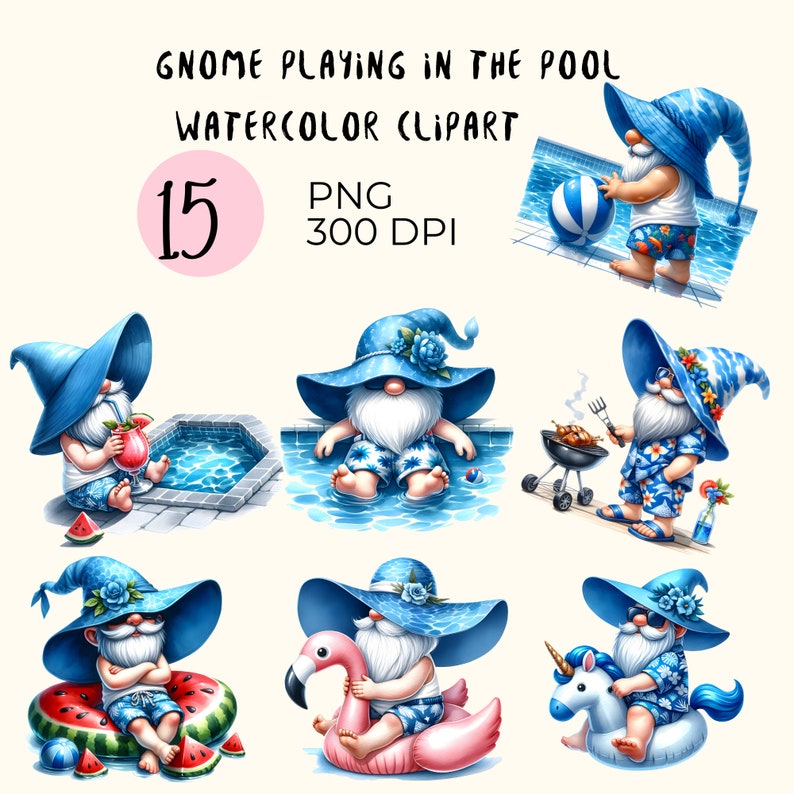 15 PNG Files : Gnome Playing in the Pool, Summer Gnome, Watercolor ...